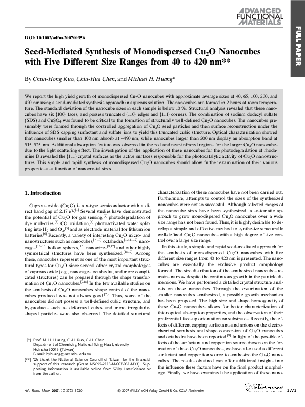 (PDF) Seed-Mediated Synthesis of Monodispersed Cu2O Nanocubes with Five ...