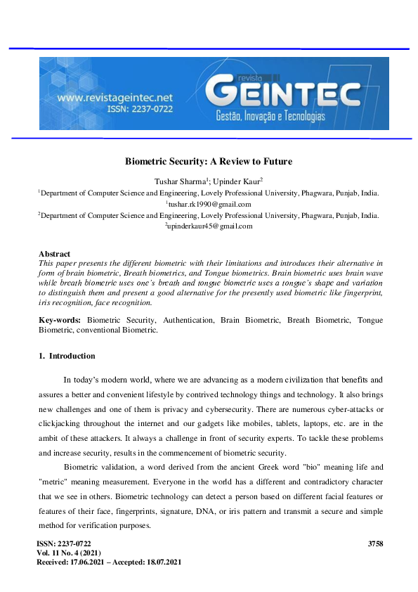 (PDF) Biometric Security: A Review to Future