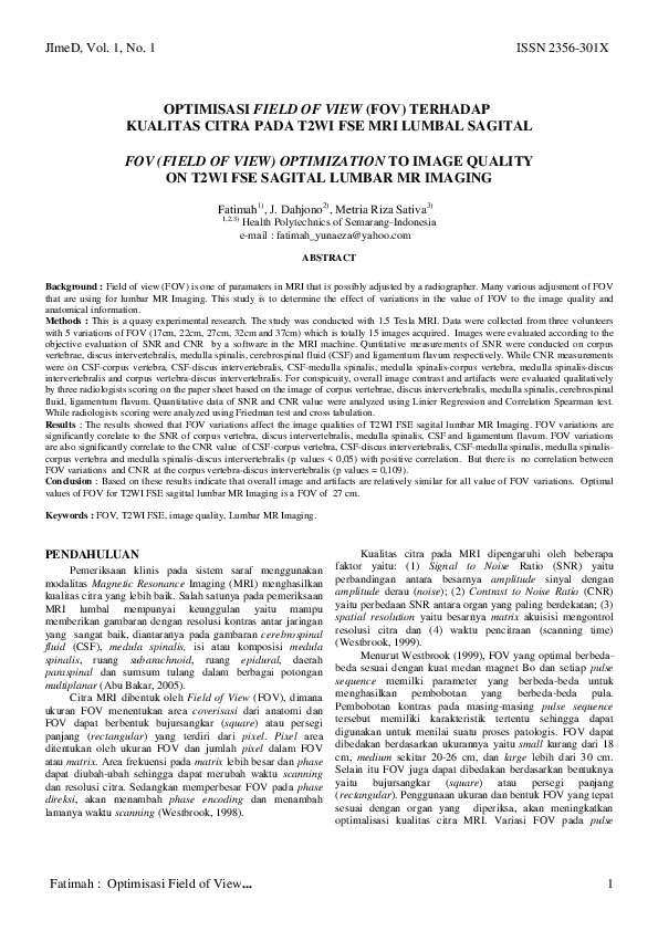 (PDF) Optimisasi Field of View (FOV) Terhadap Kualitas Citra Pada T2WI FSE MRI Lumbal Sagital