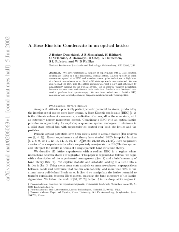 Pdf A Bose Einstein Condensate In An Optical Lattice J Denschlag