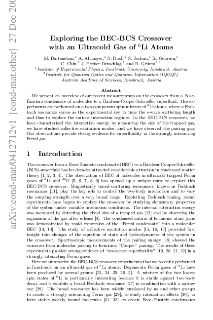 (PDF) Exploring the BEC-BCS Crossover with an Ultracold Gas of 6Li ...