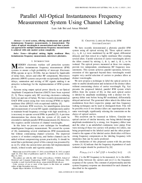 (PDF) Parallel All-Optical Instantaneous Frequency Measurement System Using Channel Labeling