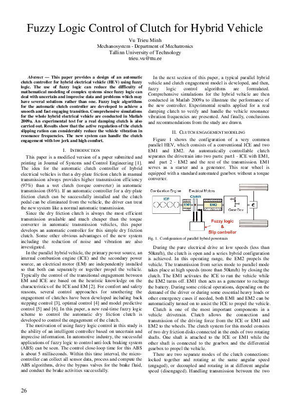 Fuzzy Logic Control of Clutch for Hybrid Vehicle