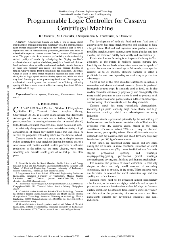 (PDF) Programmable Logic Controller For Cassava Centrifugal Machine