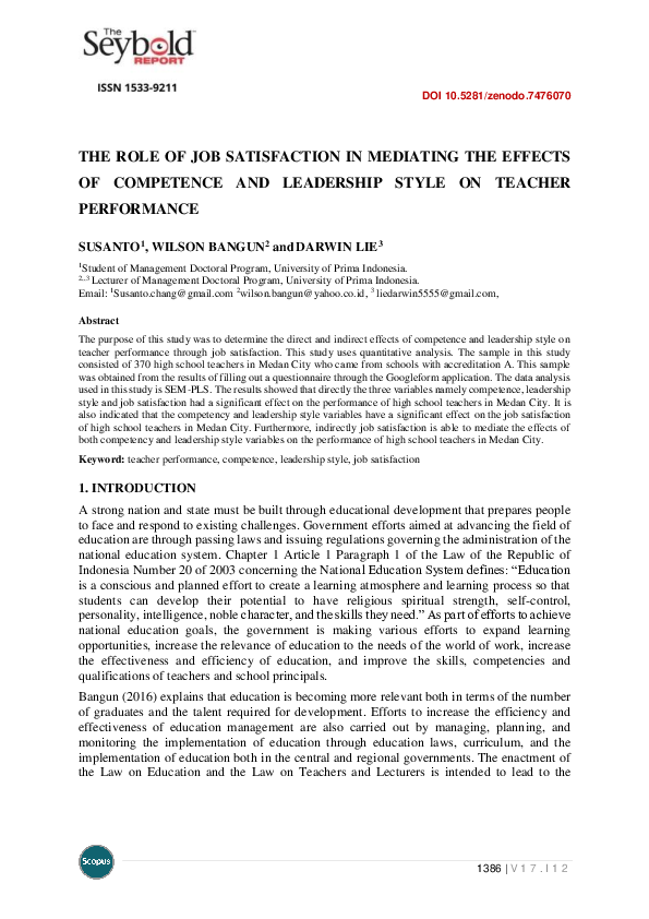 (PDF) The Role of Job Satisfaction in Mediating the Effects of Competence and Leadership Style ...