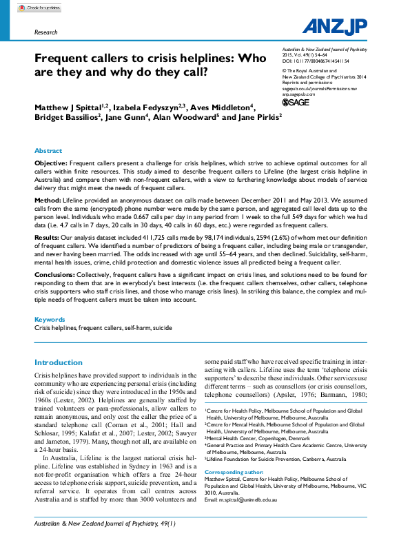 (PDF) Frequent callers to crisis helplines: who are they and why do ...