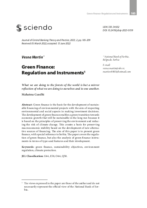 (PDF) Green Finance: Regulation and Instruments