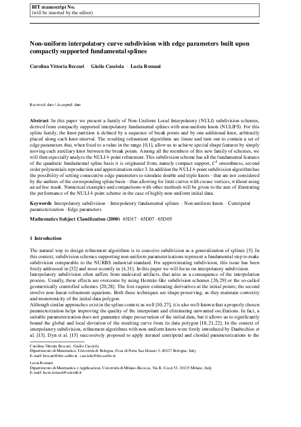 Pdf Non Uniform Interpolatory Curve Subdivision With Edge Parameters Built Upon Compactly