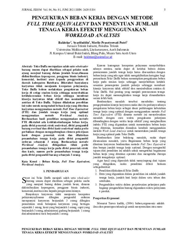 (PDF) Pengukuran Beban Kerja Dengan Metode Full Time Equivalent Dan Penentuan Jumlah Tenaga ...