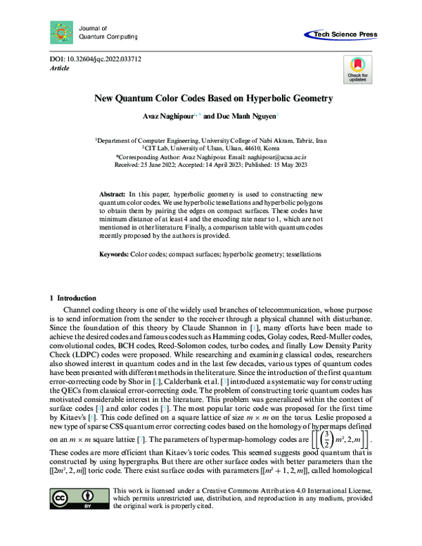 (PDF) New Quantum Color Codes Based on Hyperbolic Geometry