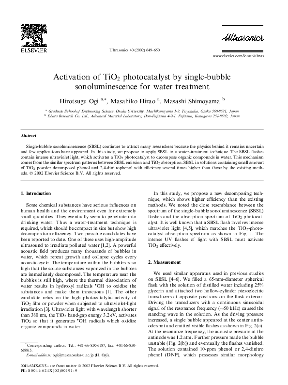 Pdf Activation Of Tio2 Photocatalyst By Single Bubble