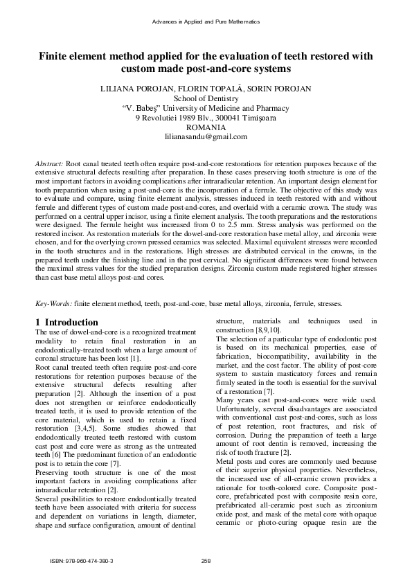 Pdf Finite Element Method Applied For The Evaluation Of Teeth Restored With Custom Made Post