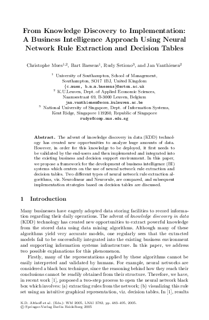 Pdf From Knowledge Discovery To Implementation A Business Intelligence Approach Using Neural