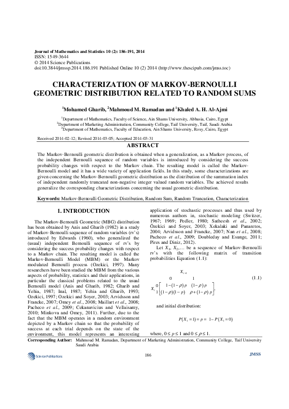 Pdf Characterization Of Markov Bernoulli Geometric Distribution Related To Random Sums