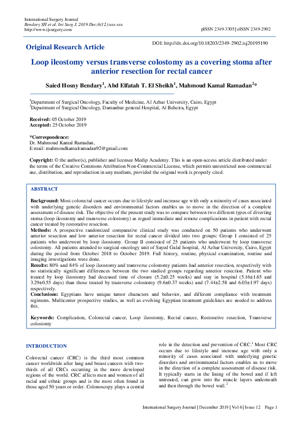 (PDF) Loop ileostomy versus transverse colostomy as a covering stoma ...