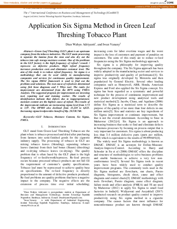 (PDF) Application Six Sigma Method in Green Leaf Threshing Tobacco Plant