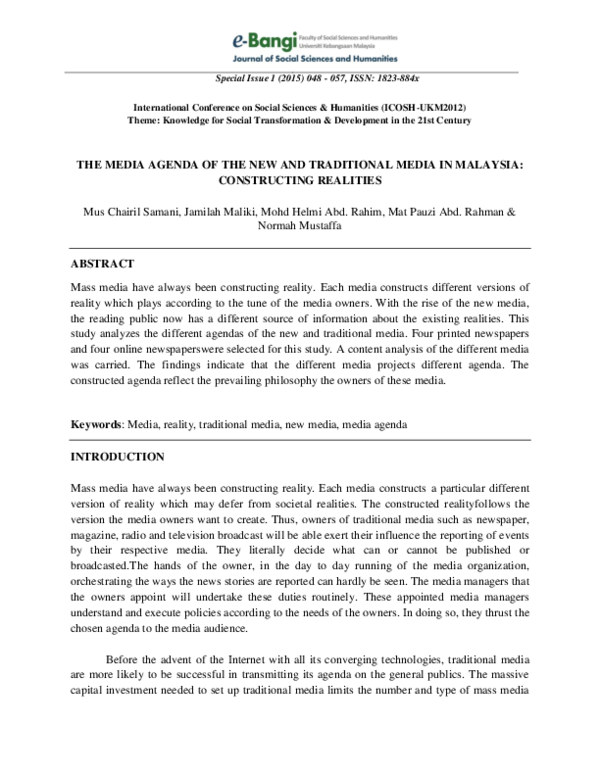 (PDF) The Media Agenda of the New and Traditional Media in Malaysia: Constructing Realities