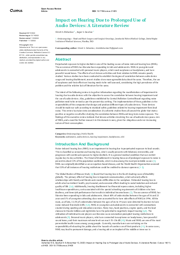 (PDF) Impact on Hearing Due to Prolonged Use of Audio Devices: A ...