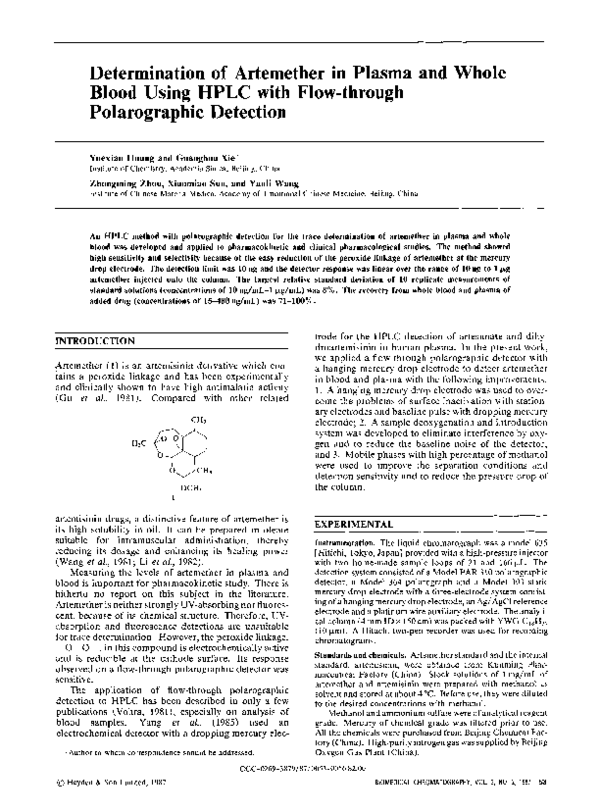 (PDF) Determination of artemether in plasma and whole blood using HPLC ...