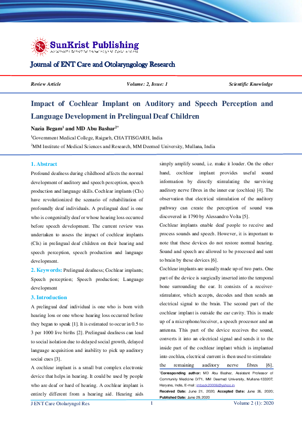 (PDF) Impact of Cochlear Implant on Auditory and Speech Perception, and Language Development in ...