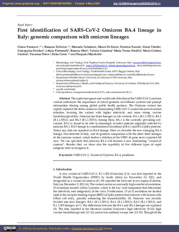 (PDF) First Identification of SARS-CoV-2 Omicron BA.4 Lineage in Italy ...