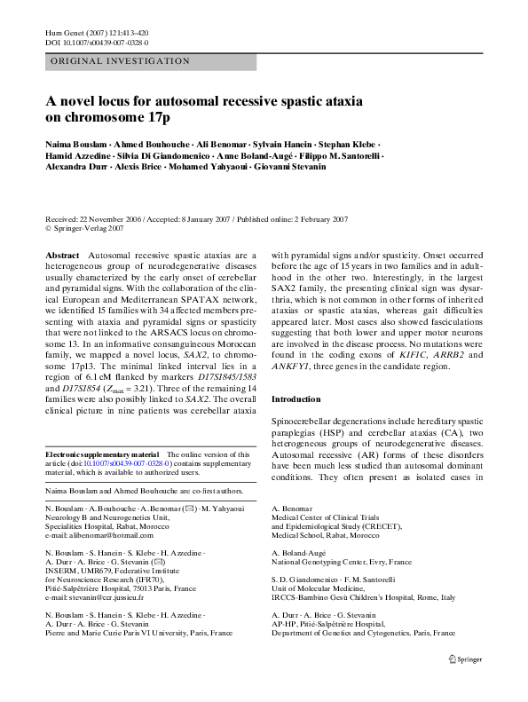 (PDF) A novel locus for autosomal recessive spastic ataxia on chromosome 17p