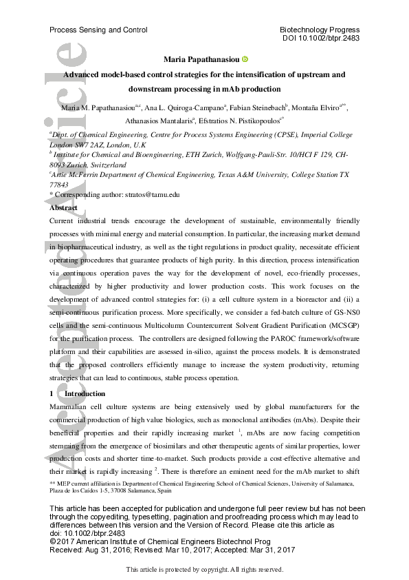 (PDF) Advanced model-based control strategies for the intensification ...