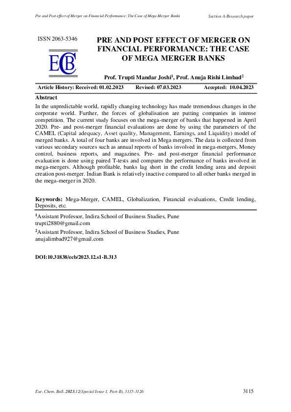 (PDF) PRE AND POST EFFECT OF MERGER ON FINANCIAL PERFORMANCE: THE CASE ...