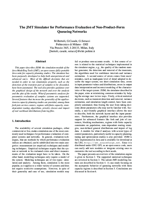 (PDF) The JMT Simulator for Performance Evaluation of Non-Product-Form Queueing Networks