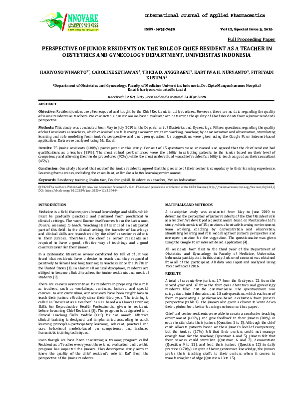 (PDF) Full Proceeding Paper PERSPECTIVE OF JUNIOR RESIDENTS ON THE ROLE OF CHIEF RESIDENT AS A ...