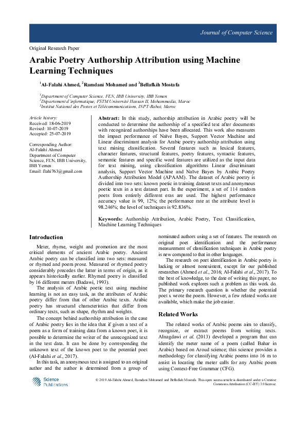 Arabic Poetry Authorship Attribution Using Machine Learning Techniques