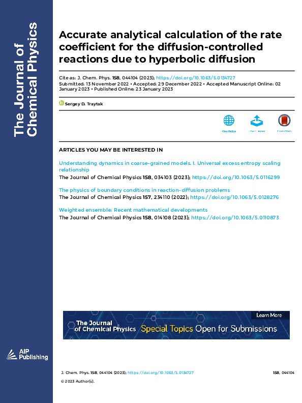 (PDF) Accurate analytical calculation of the rate coefficient for the diffusion-controlled ...