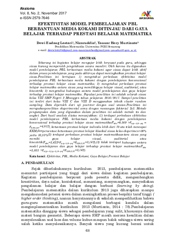 (PDF) Efektivitas Model Pembelajaran PBL Berbantuan Media Kokami Ditinjau Dari Gaya Belajar ...