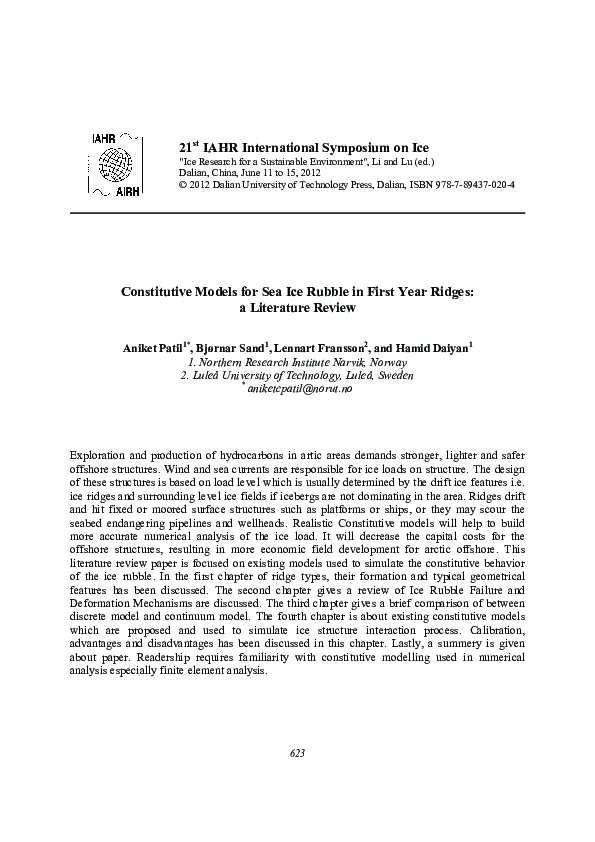 (PDF) Constitutive Models for Sea Ice Rubble in First Year Ridges: a ...