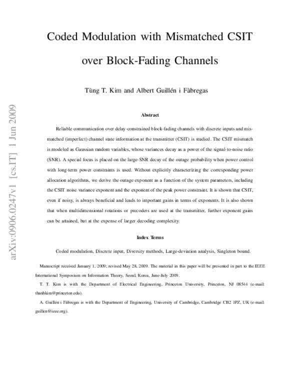 (PDF) Coded Modulation with Mismatched CSIT over Block-Fading Channels