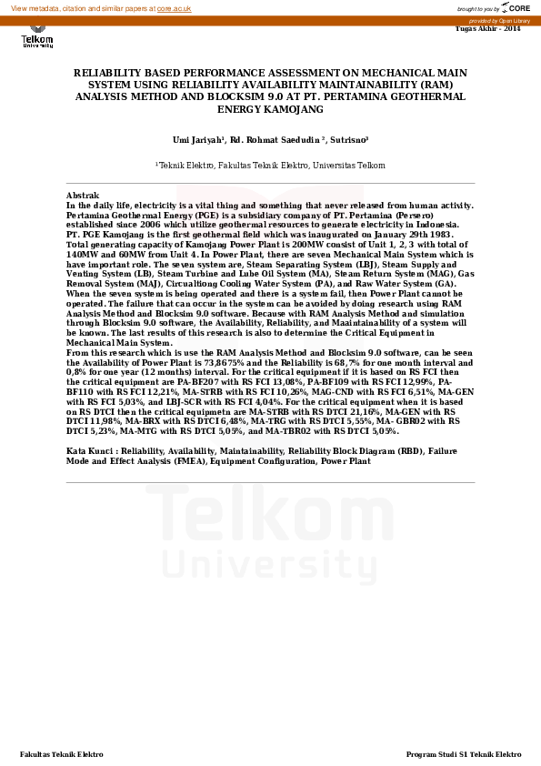 (PDF) Reliability Based Performance Assessment on Mechanical Main System Using Reliability ...