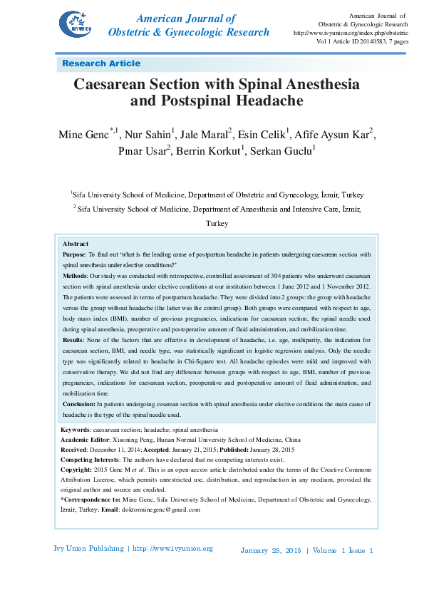 (PDF) Caesarean Section with Spinal Anesthesia and Postspinal Headache