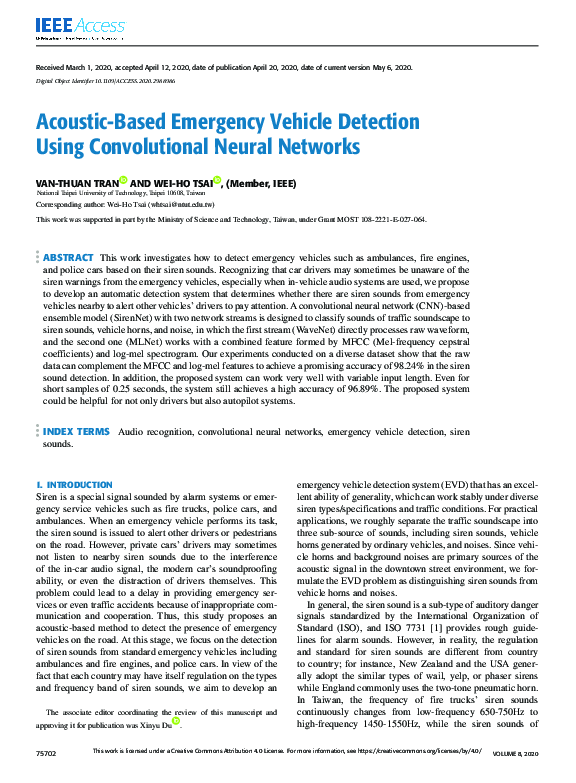 Pdf Acoustic Based Emergency Vehicle Detection Using Convolutional Neural Networks