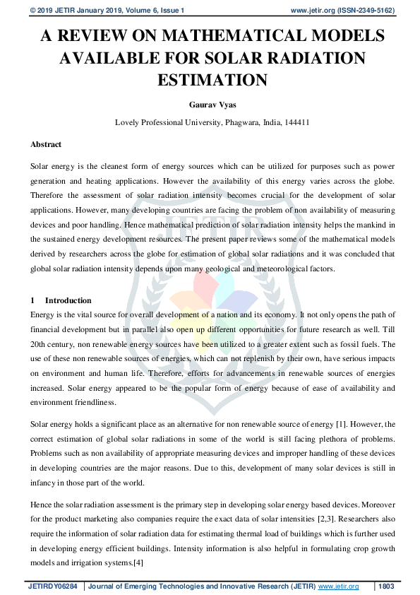 Pdf A Review On Mathematical Models Available For Solar Radiation Estimation