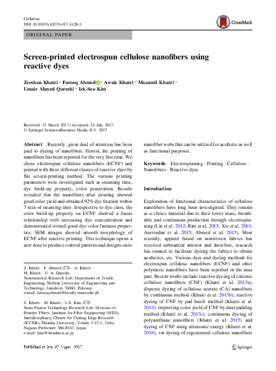 (PDF) Screen-printed electrospun cellulose nanofibers using reactive dyes | Umair qureshi ...