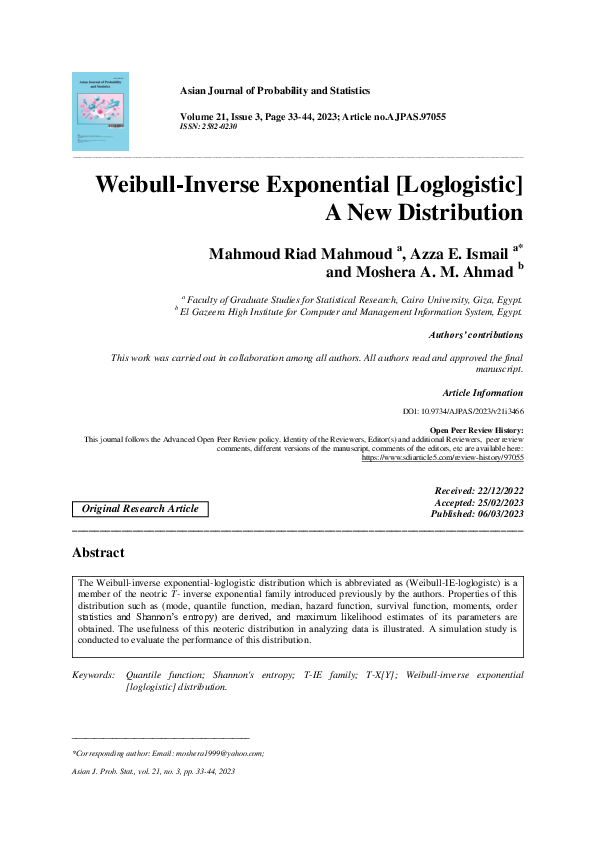 (PDF) Weibull-Inverse Exponential [Loglogistic] A New Distribution | Moshera Ahmad - Academia.edu