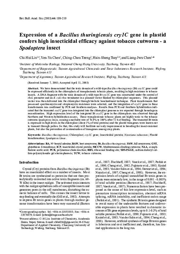 (PDF) Expression of a Bacillus thuringiensis cry1C gene in plastid confers high insecticidal ...