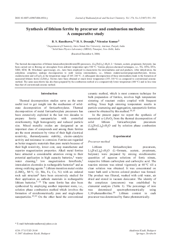 (PDF) Synthesis of lithium ferrite by precursor and combustion methods ...