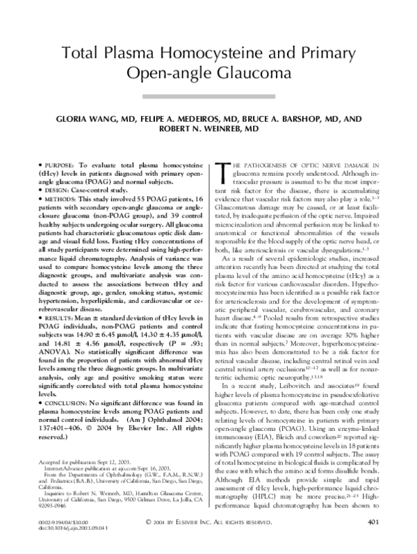 (PDF) Total plasma homocysteine and primary open-angle glaucoma