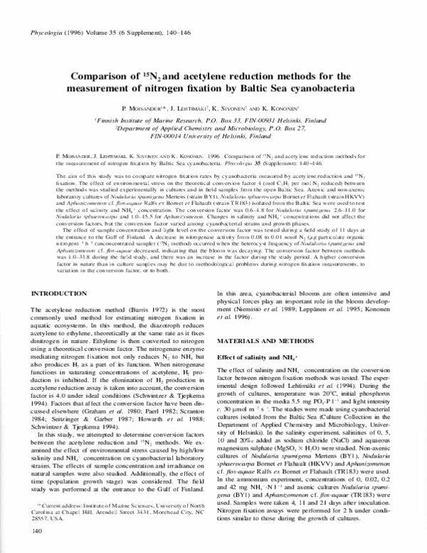 (PDF) Comparison of 15N2 and acetylene reduction methods for the ...