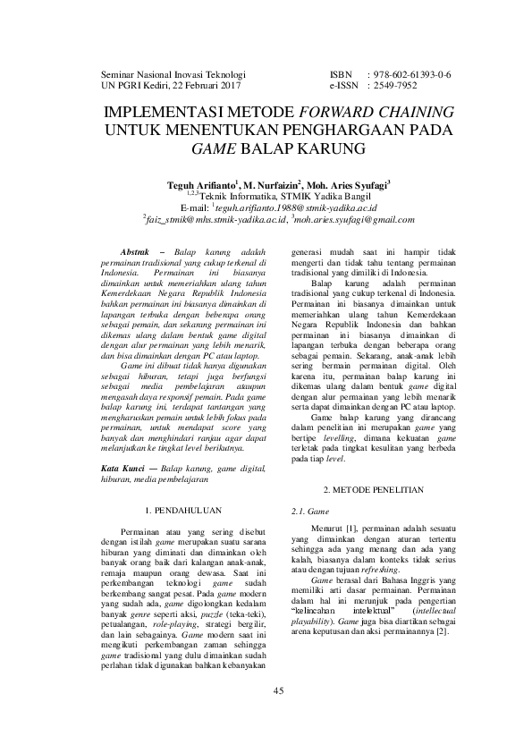 (PDF) Implementasi Metode Forward Chaining untuk Menentukan Penghargaan pada Game Balap Karung