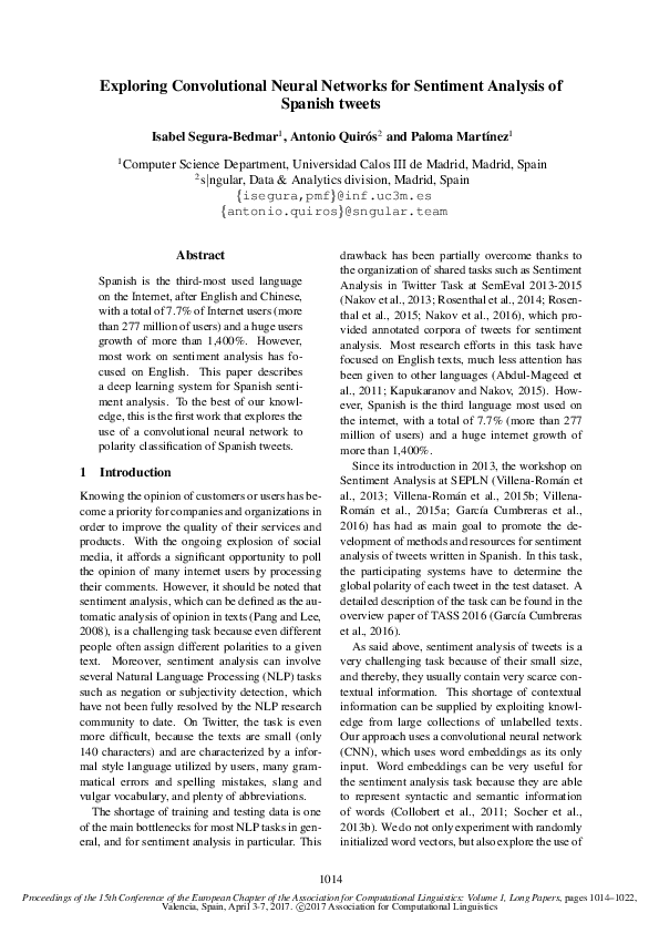 (PDF) Exploring Convolutional Neural Networks for Sentiment Analysis of Spanish tweets