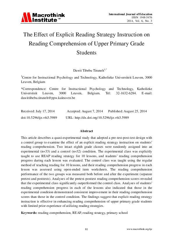 (PDF) The Effect of Explicit Reading Strategy Instruction on Reading Comprehension of Upper ...