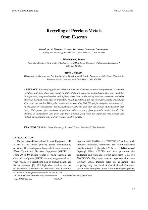 (PDF) Recycling of Precious Metals from E-scrap