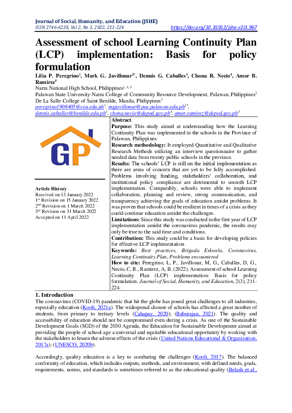 Pdf Evaluating School Learning Continuity Plans In Palawan